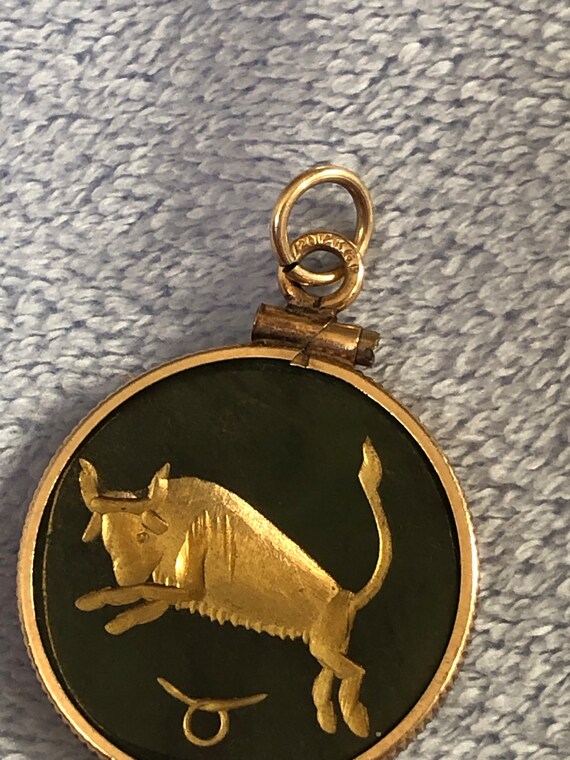 Gold Filled Spinach Jade Taurus Bull Coin Pendant - Gem