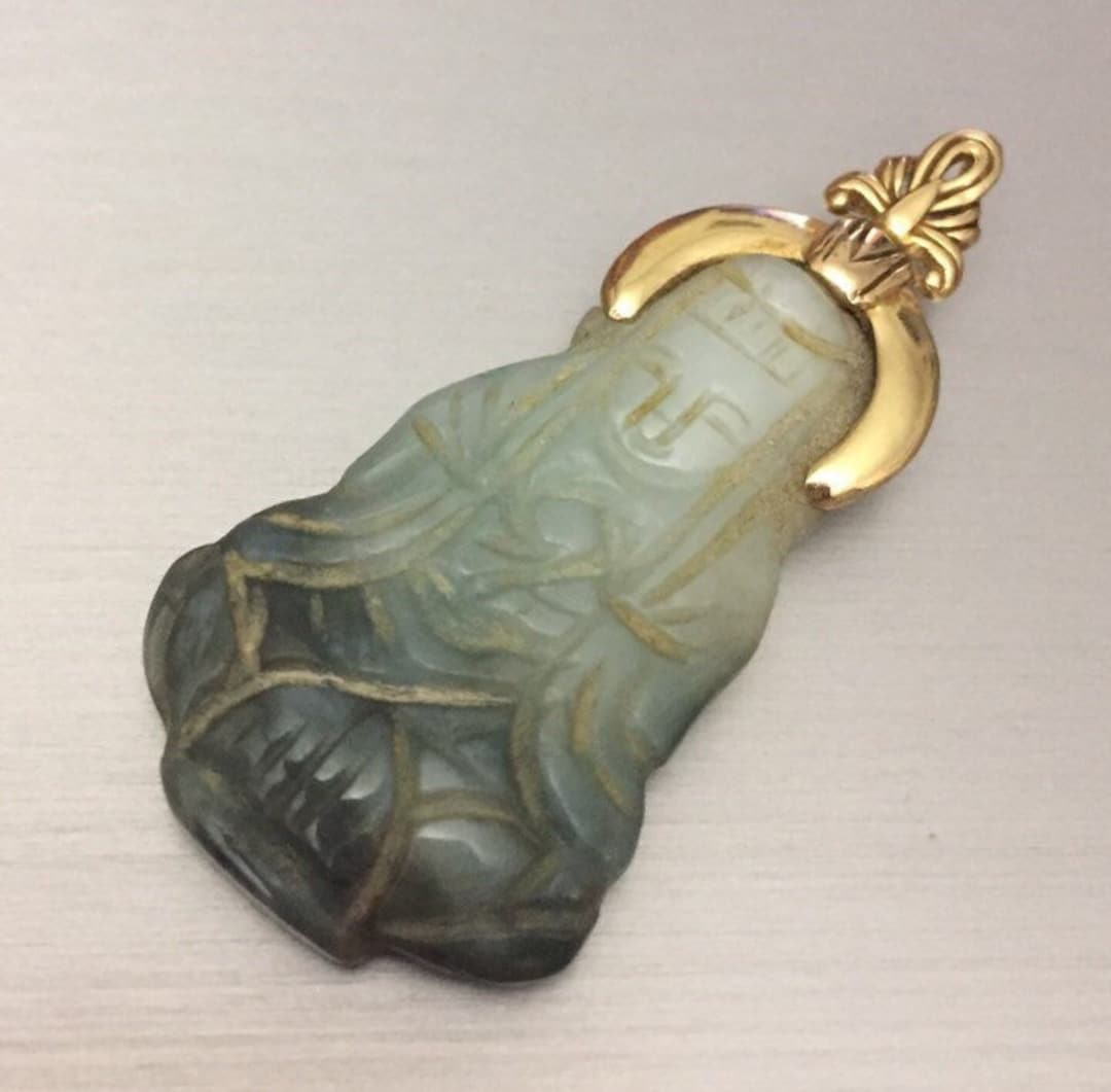 Antique Art Deco Carved Jade Buddha Pendant W/14K Solid Gold Ribbon ...