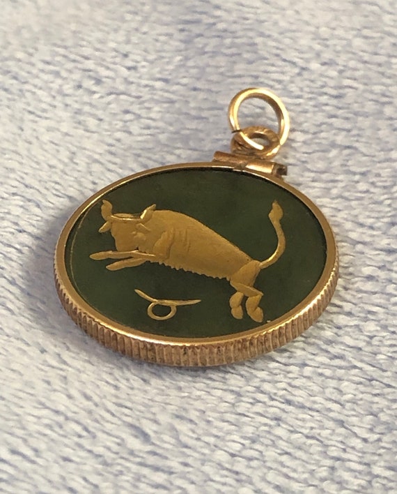 Gold Filled Spinach Jade Taurus Bull Coin Pendant - Gem
