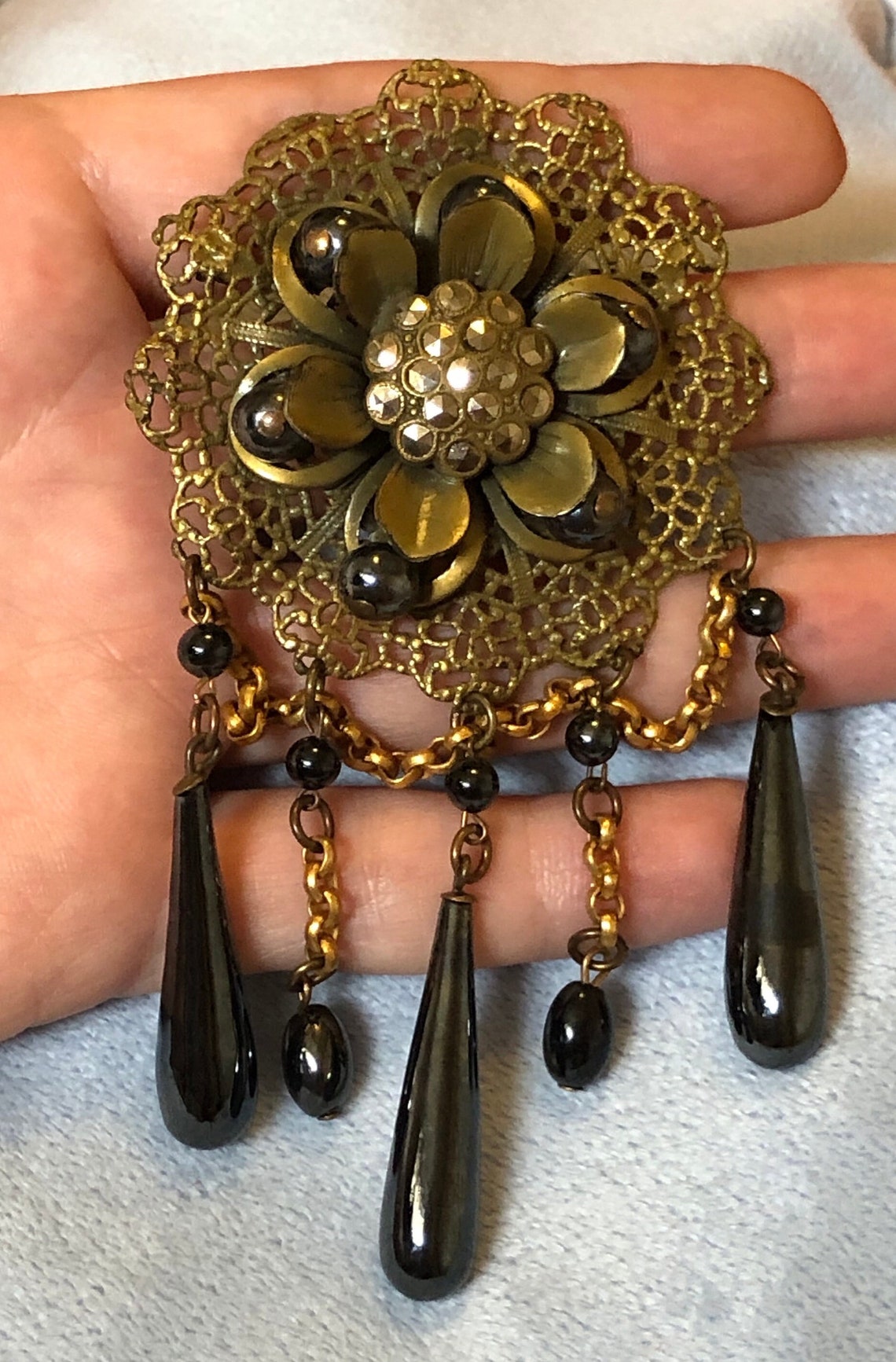 Art Deco Floral Festoon Brooch Pin W/enamel Marcasite Genuine Hematite ...