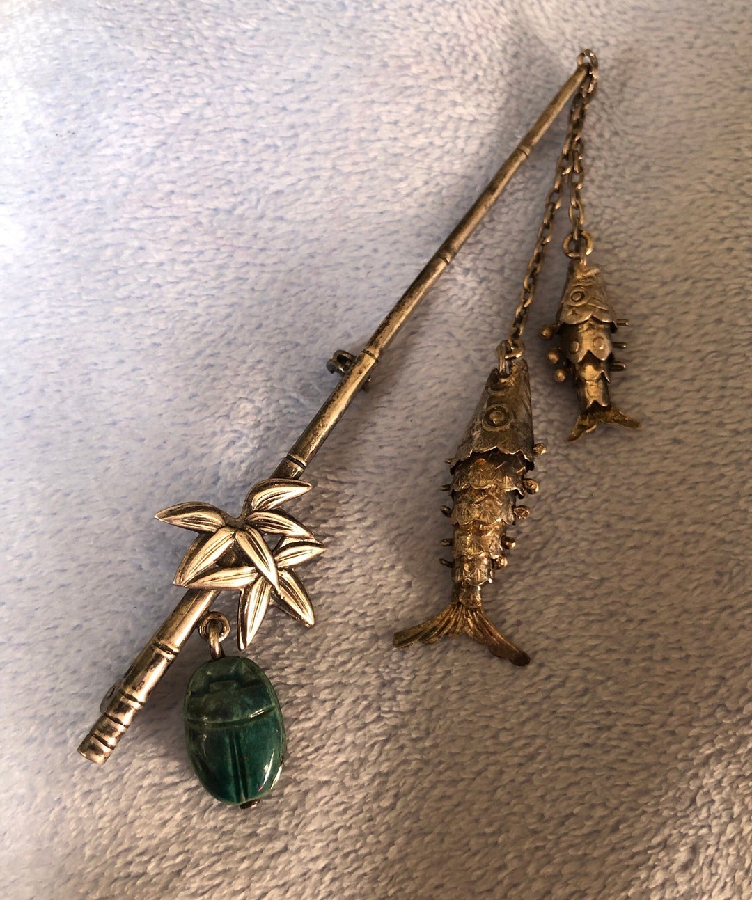 Art Deco Sterling Silver Fishing Pole Brooch, Scarab & Articulated Fish ...