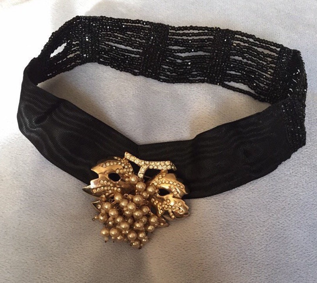 Vintage Art Deco Flapper’s Black and Gold Beaded and Ribbon Choker ...