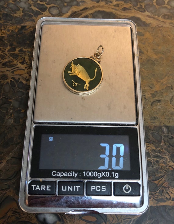 Gold Filled Spinach Jade Taurus Bull Coin Pendant - Gem
