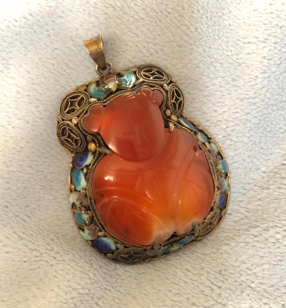 Art Deco Antique Chinese Silver Vermeil Carnelian Buddha Pendent W ...