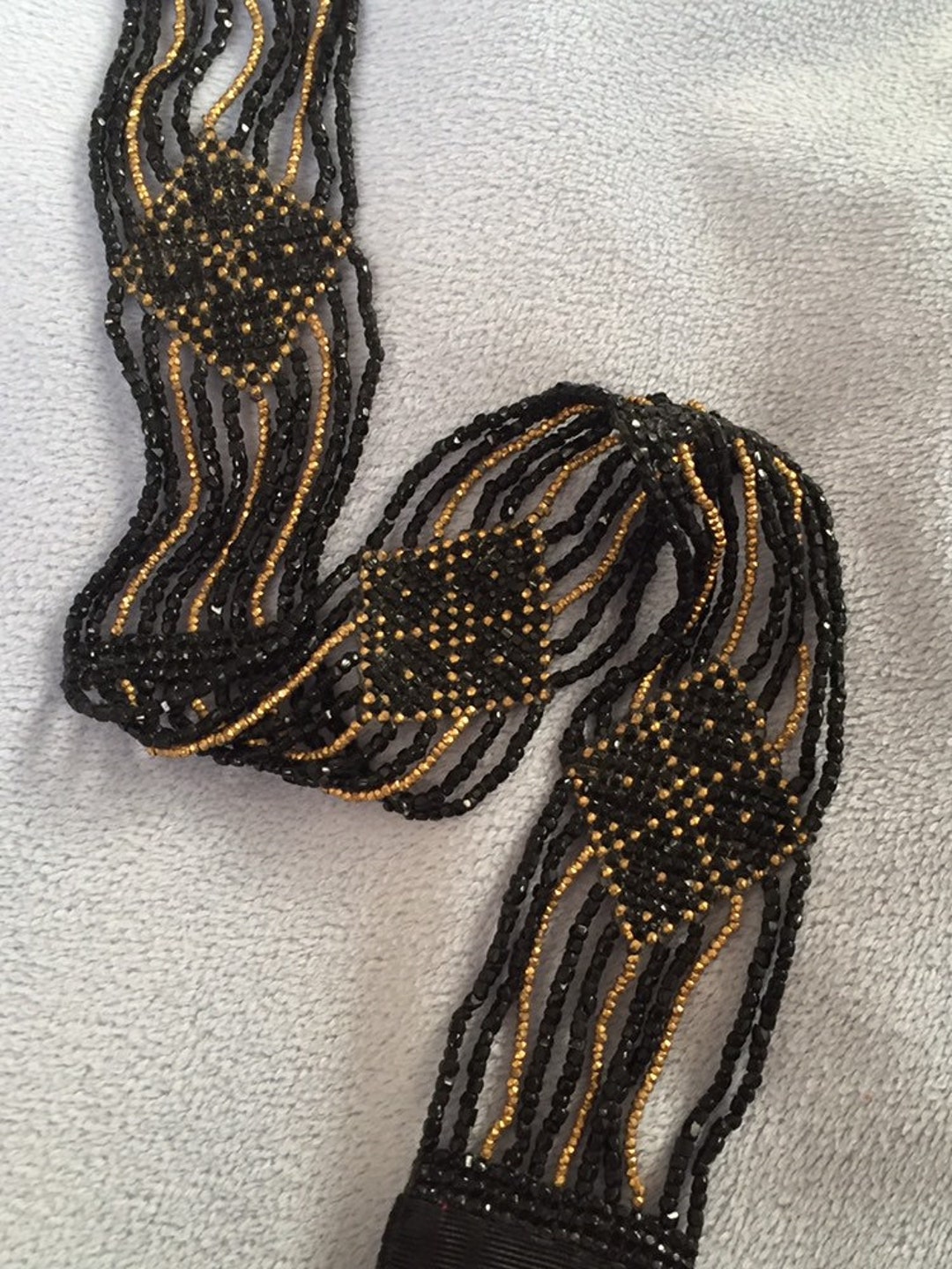 Vintage Art Deco Flapper’s Black and Gold Beaded and Ribbon Choker ...