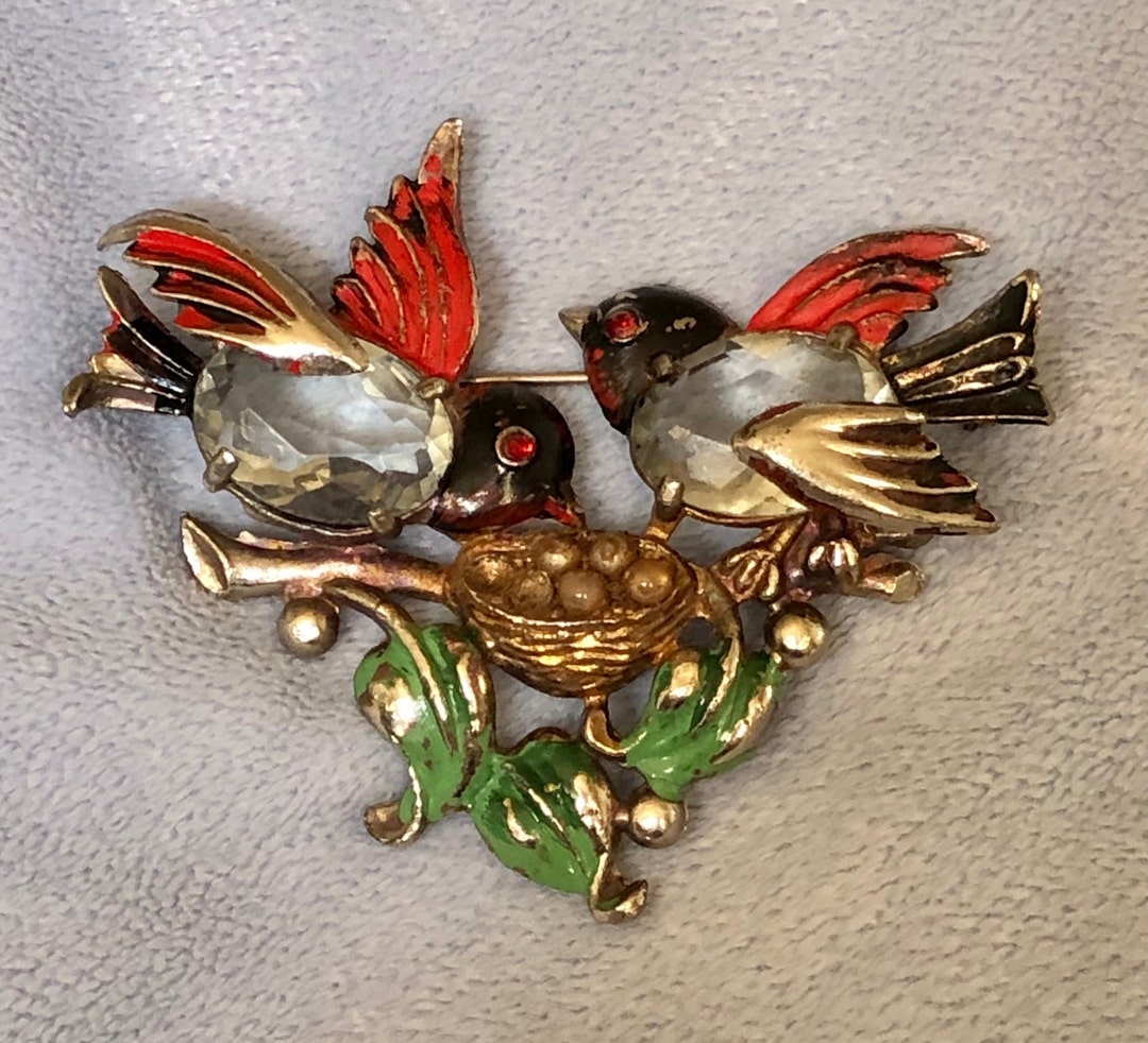 Fred Gray Art Deco Red Birds on Egg Nest Brooch - Etsy