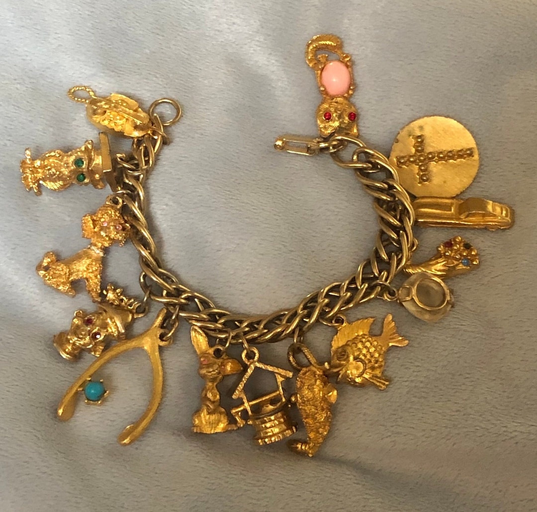 Vintage 1960 Charm Bracelet Loaded Charms Kitten Owl Clown Rabbit Fish ...