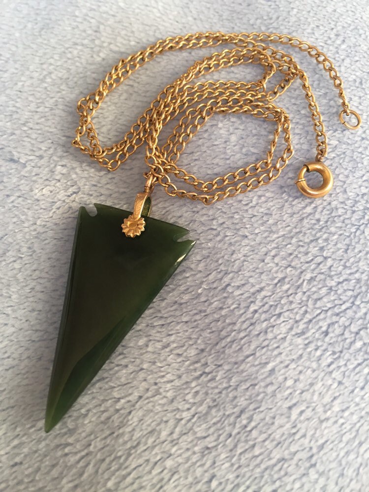Art Deco Carved Arrow Spinach Jade Pendant Necklace - Etsy