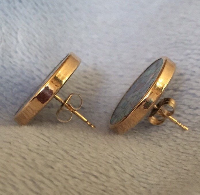 Vintage Australian Fire Doublet Opal Mosaic Inlay 14k Yellow Gold Stud ...