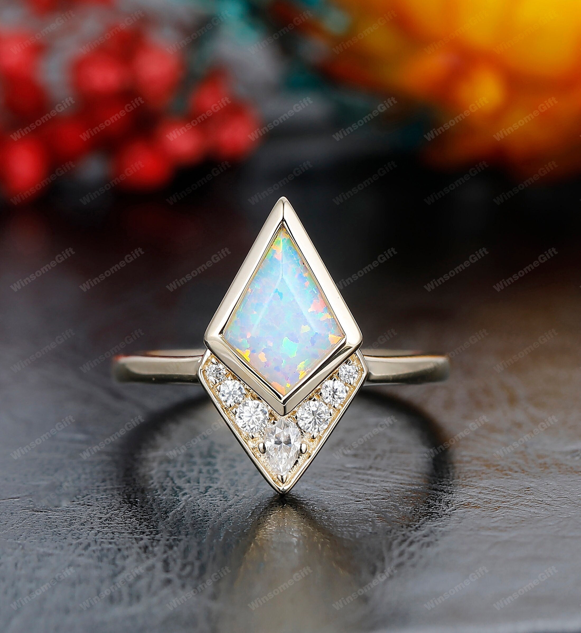 Bezel Set Ring,kite Cut 6x9mm Opal Engagement Ring,vintage Wedding ...