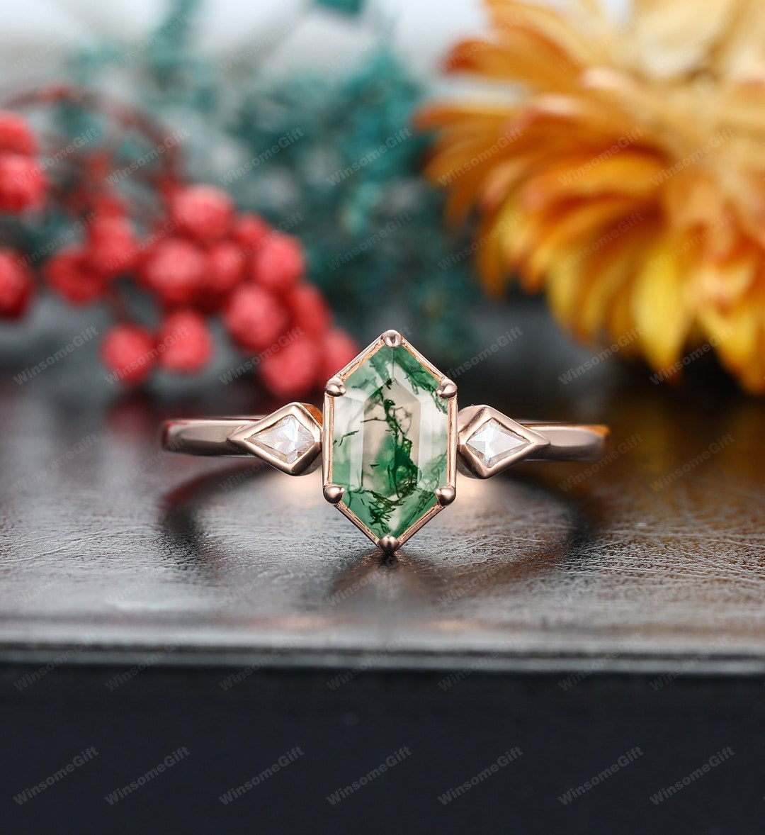 Antique Moss Agate Ring, Long Hexagon Cut 5x9mm Natural Moss Agate ...