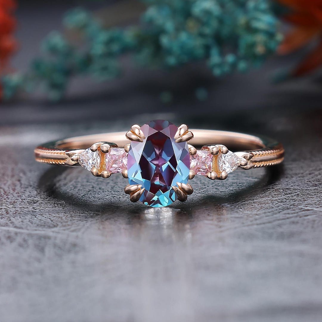 Vintage Alexandrite Engagement Ring Rose Gold Wedding Ring Oval ...