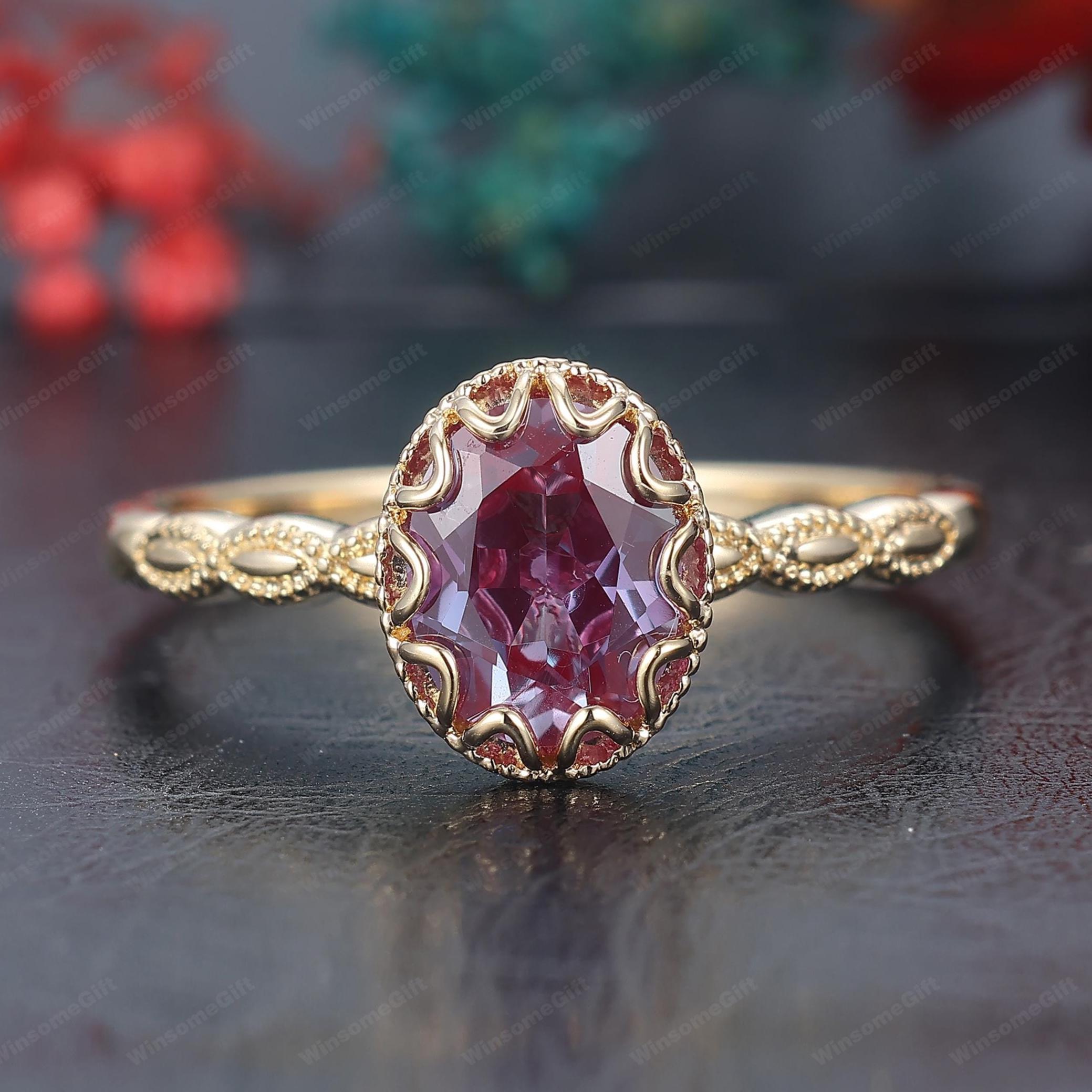 Art Deco Bezel Set Oval Alexandrite Engagement Ring,color Changing ...