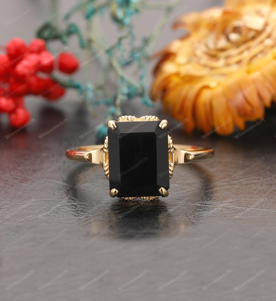 Natural Black Onyx Emerald Cut Engagement Ring, Bezel Setting, 14K Rose ...