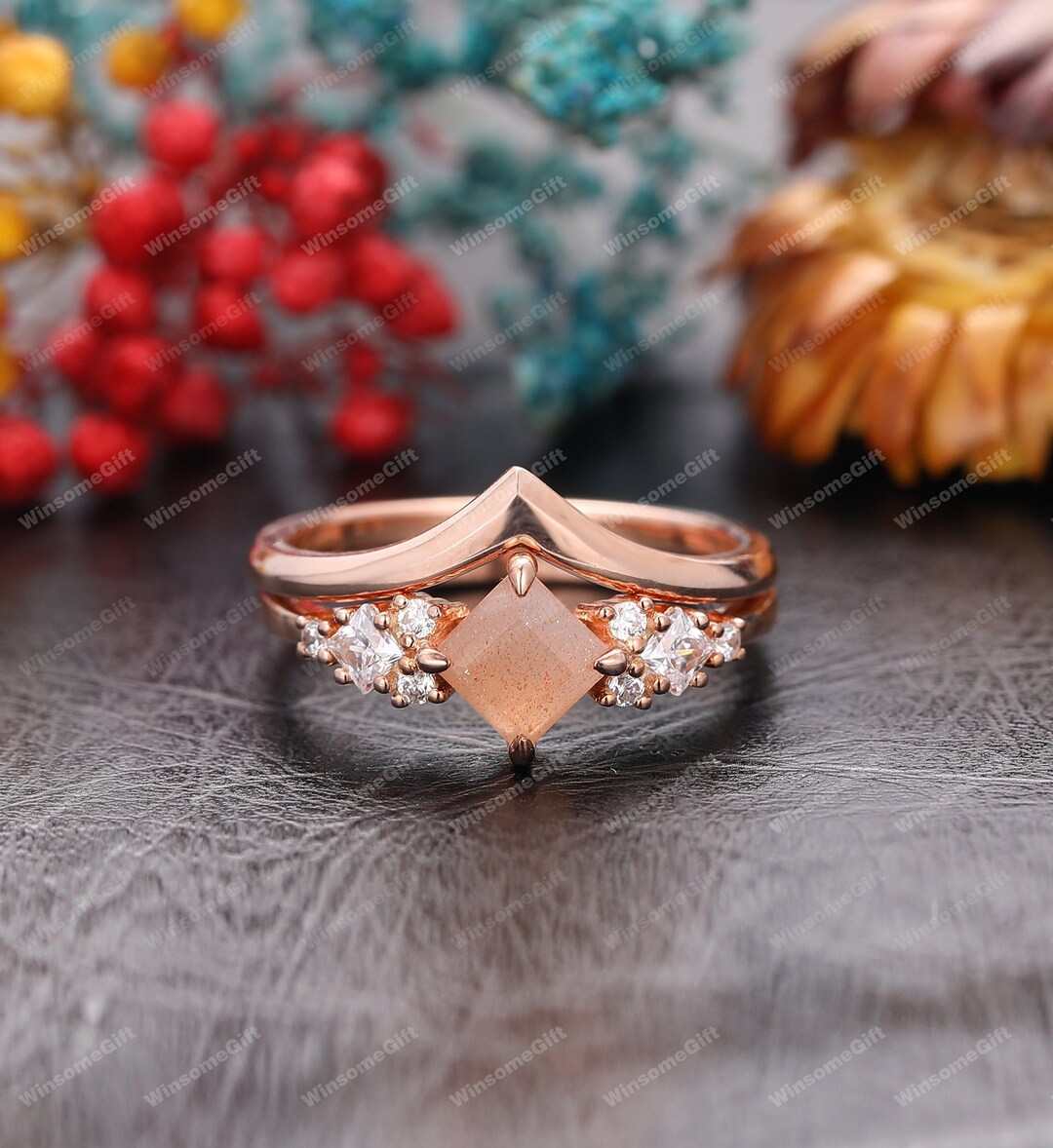 Custom Bridal Set, 5mm Square Cut Natural Sunshine Stone Ring Set ...