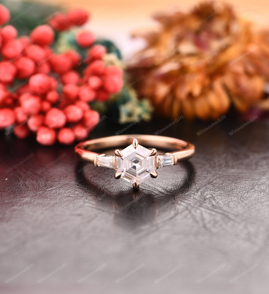 Hexagon Cut 6mm Moissanite Wedding Ring, Art Deco Women's Ring, Ring ...