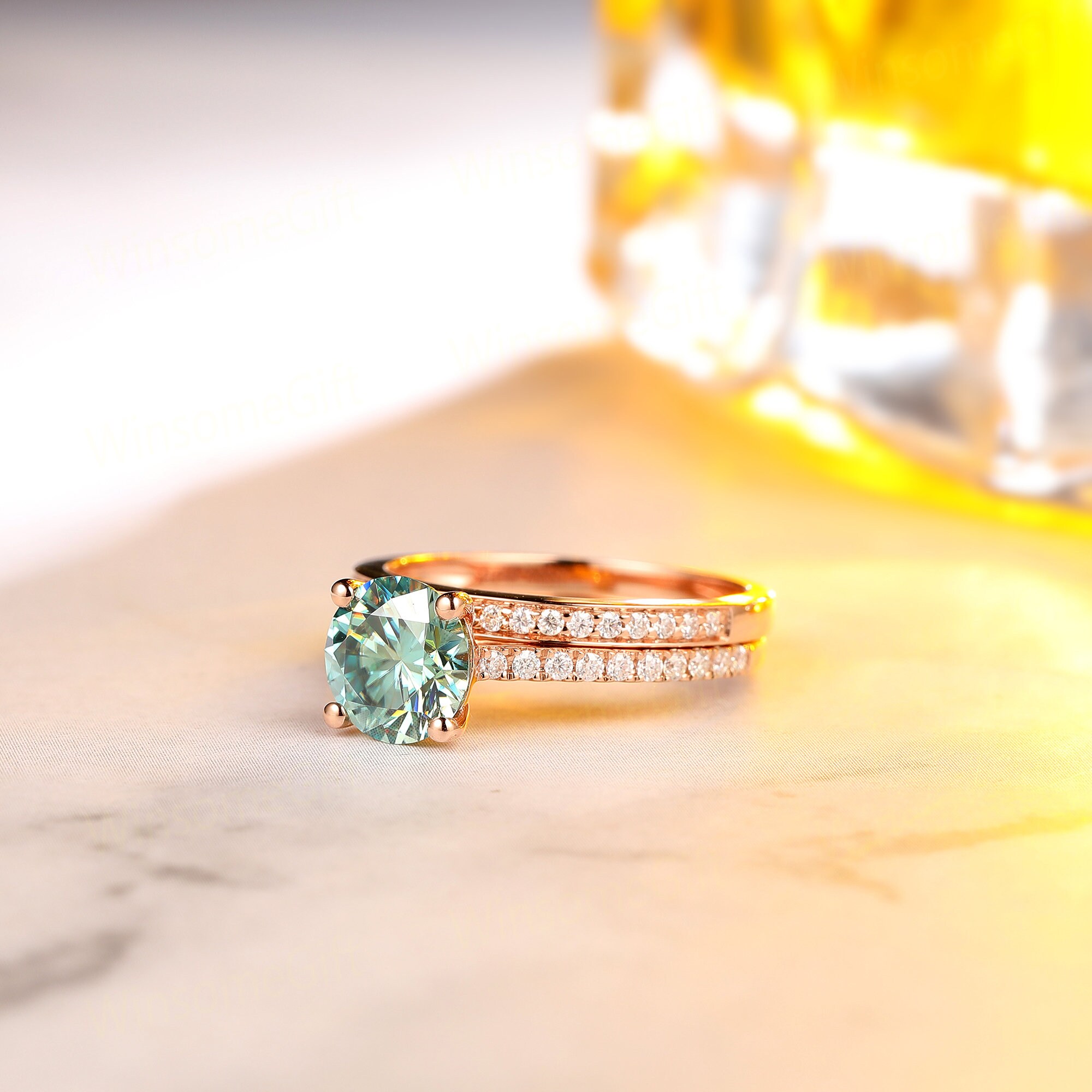 Half Eternity Bridal Ring Set Round Cut Blue Moissanite | Etsy