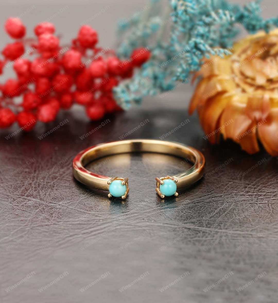 Open Gemstone Ring, Natural Turquoise Wedding Ring, Stackable Ring ...