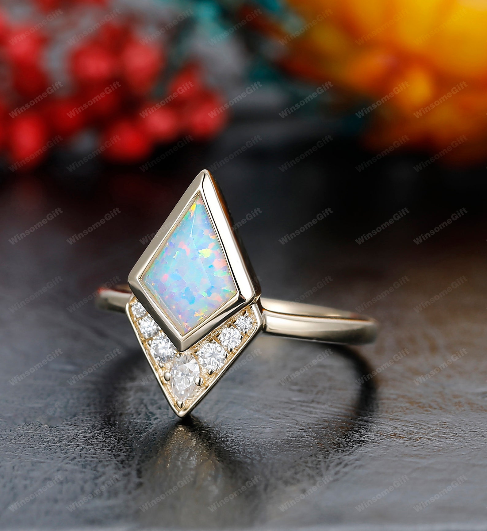 Bezel Set Ring,kite Cut 6x9mm Opal Engagement Ring,vintage Wedding ...