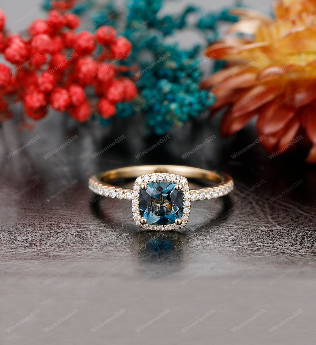 Antique Ring, 6x6mm Cushion Cut Natural London Blue Topaz Engagement ...