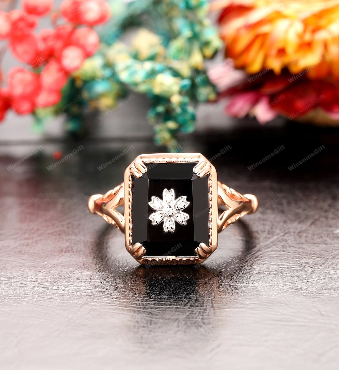 Emerald Cut 9x11mm Natural Black Onyx Engagement Ring, Bezel Setting ...
