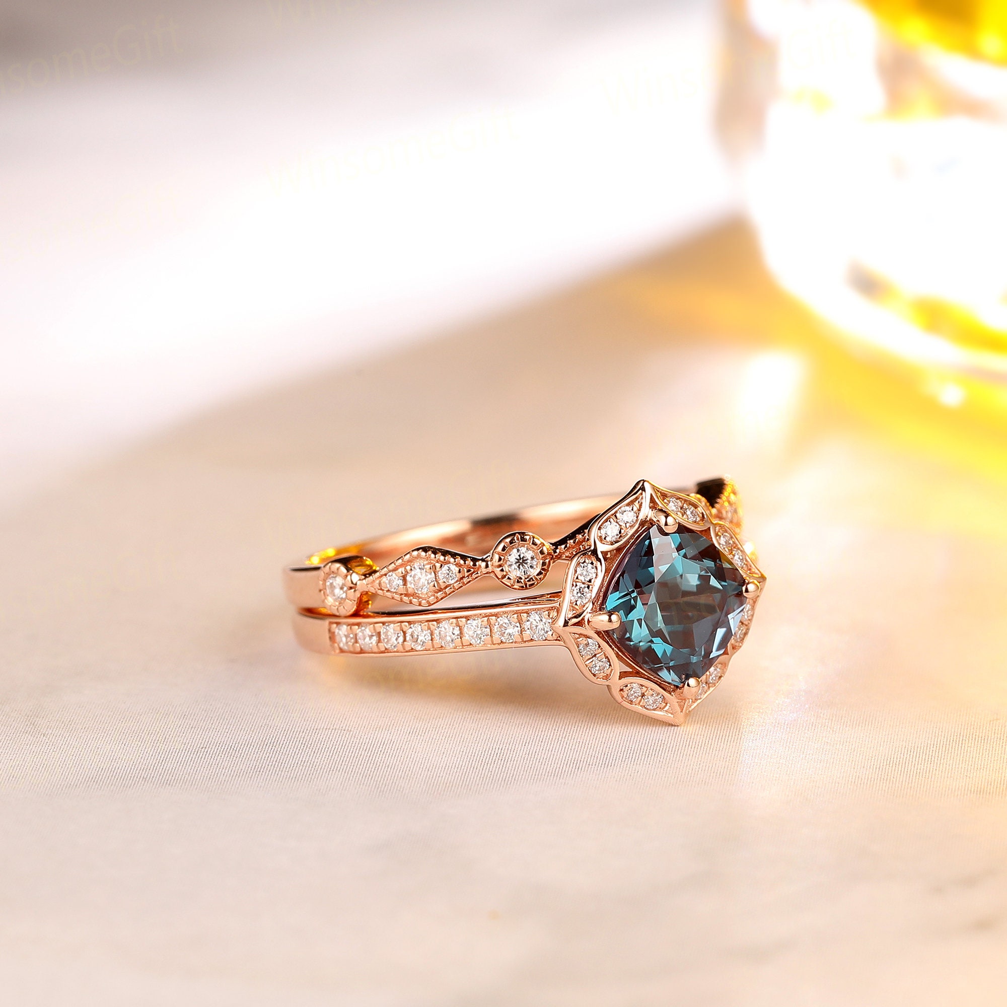 14k Rose Gold Bridal Ring Set June Birthstone Ring 6x6mm | Etsy