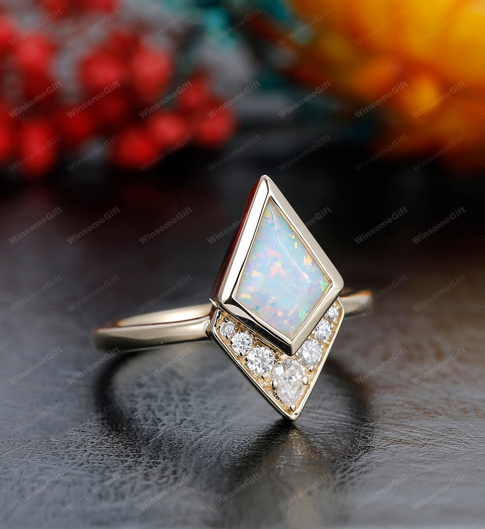 Bezel Set Ring,kite Cut 6x9mm Opal Engagement Ring,vintage Wedding ...