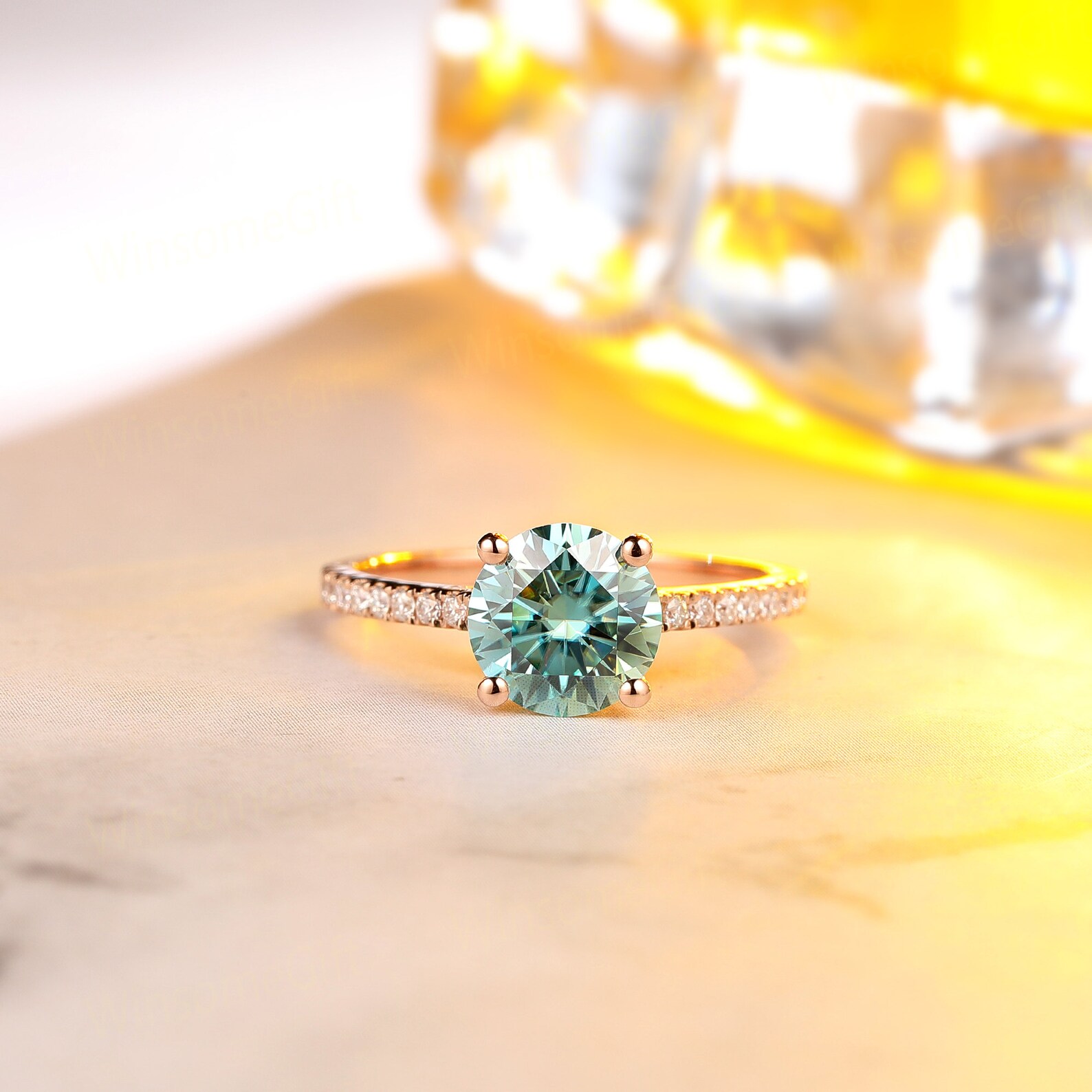 Round Cut Blue Moissanite Engagement Ring Art Deco Promise Etsy