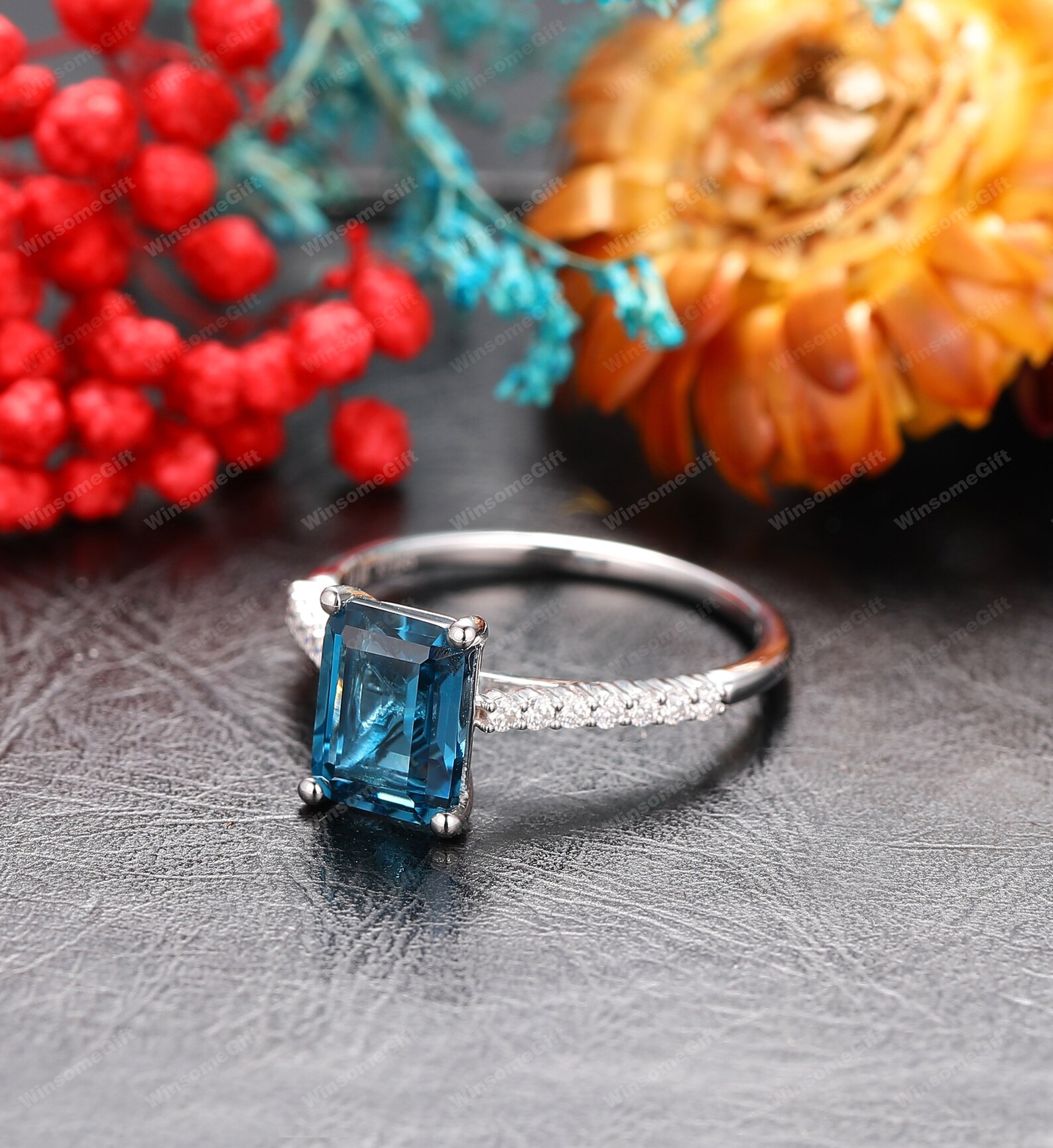 Emerald Cut 2.00CT Natural London Blue Topaz Ring 14k White - Etsy