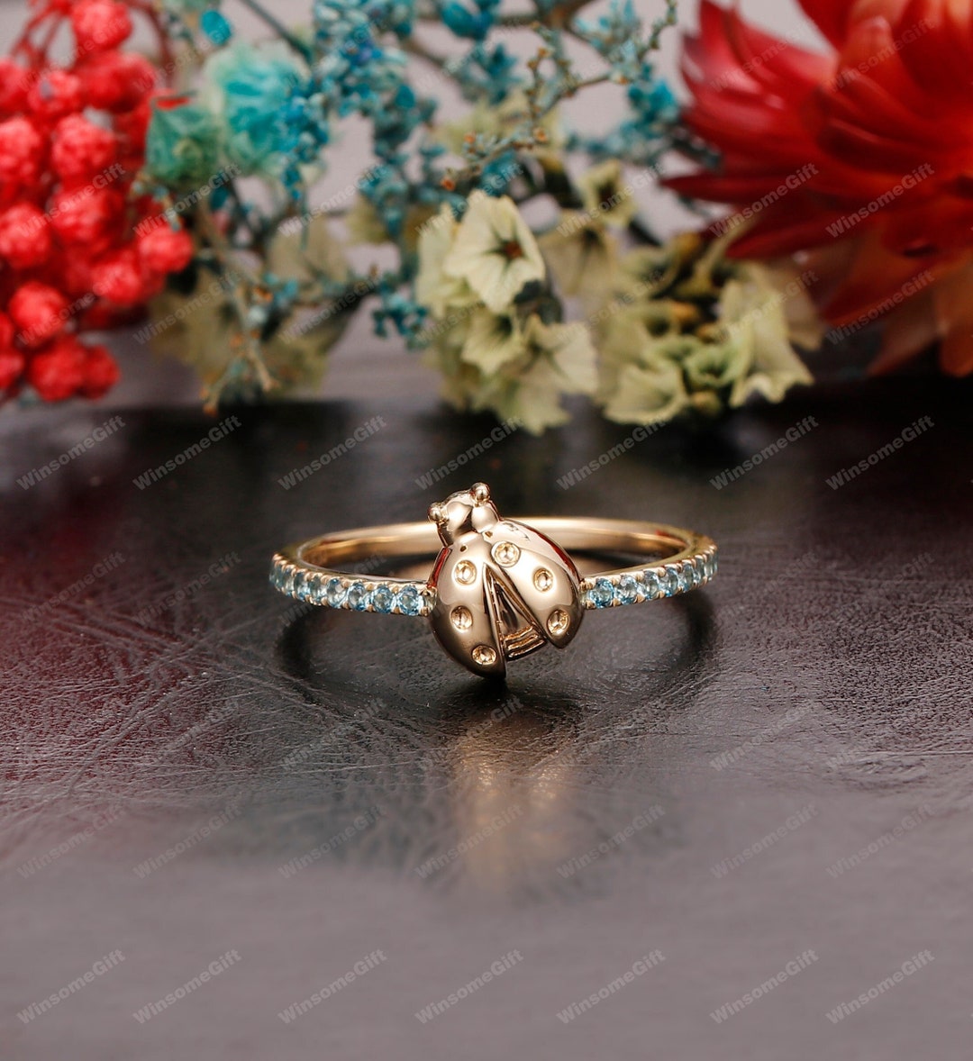Unique Solid Gold Ladybug Ring, London Blue Topaz Wedding Promise Ring ...