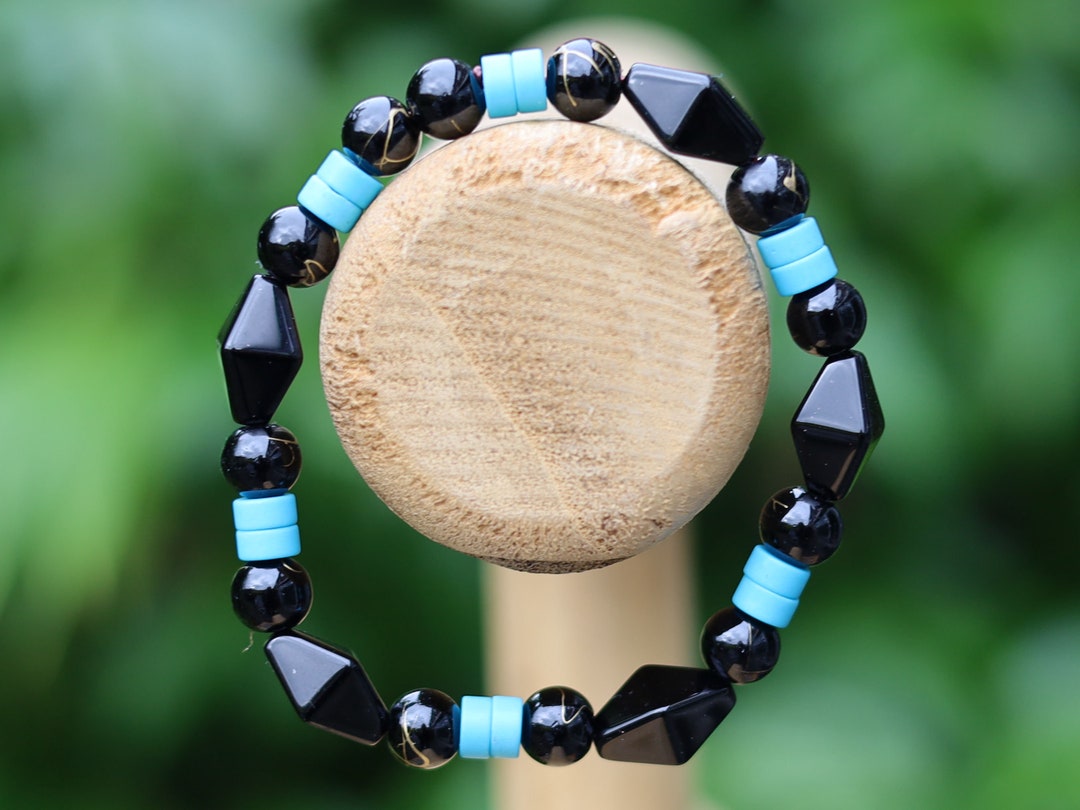 Natural Stone Black Gold Color Line Agates With Turquoise Clay Spacer ...