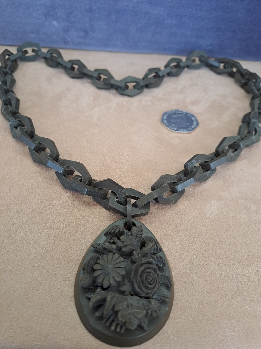 Antique Victorian Vulcanite Mourning Chain Link Necklace and Floral ...