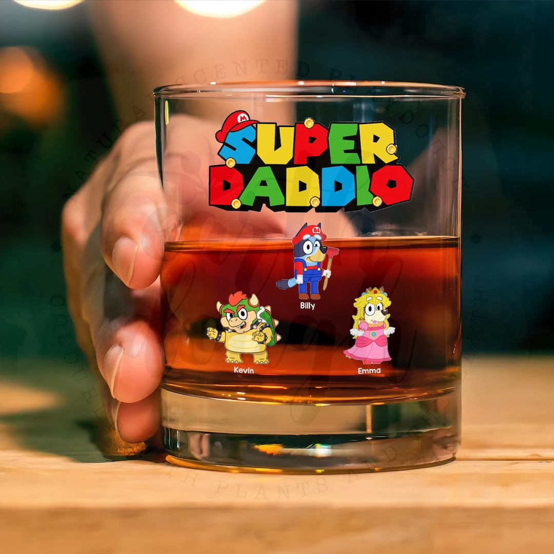 Super Daddio Whiskey Glass, Bluey Dad Beer Glass, Bluey Mario Beer ...