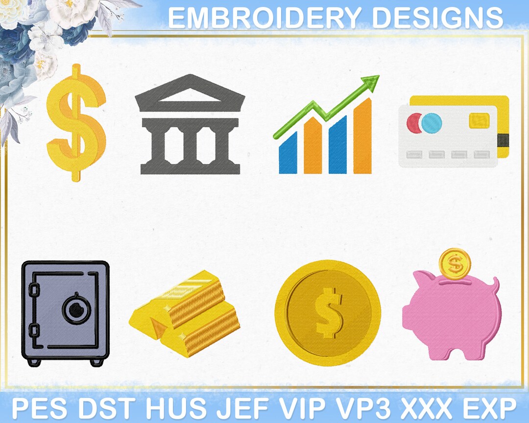 Bank Embroidery Design, Money Embroidery File, Gold Embroidery, Dollars ...