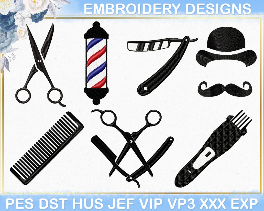 Barber Shop Machine Embroidery Design, Scissors Razor Pole Embroidery ...