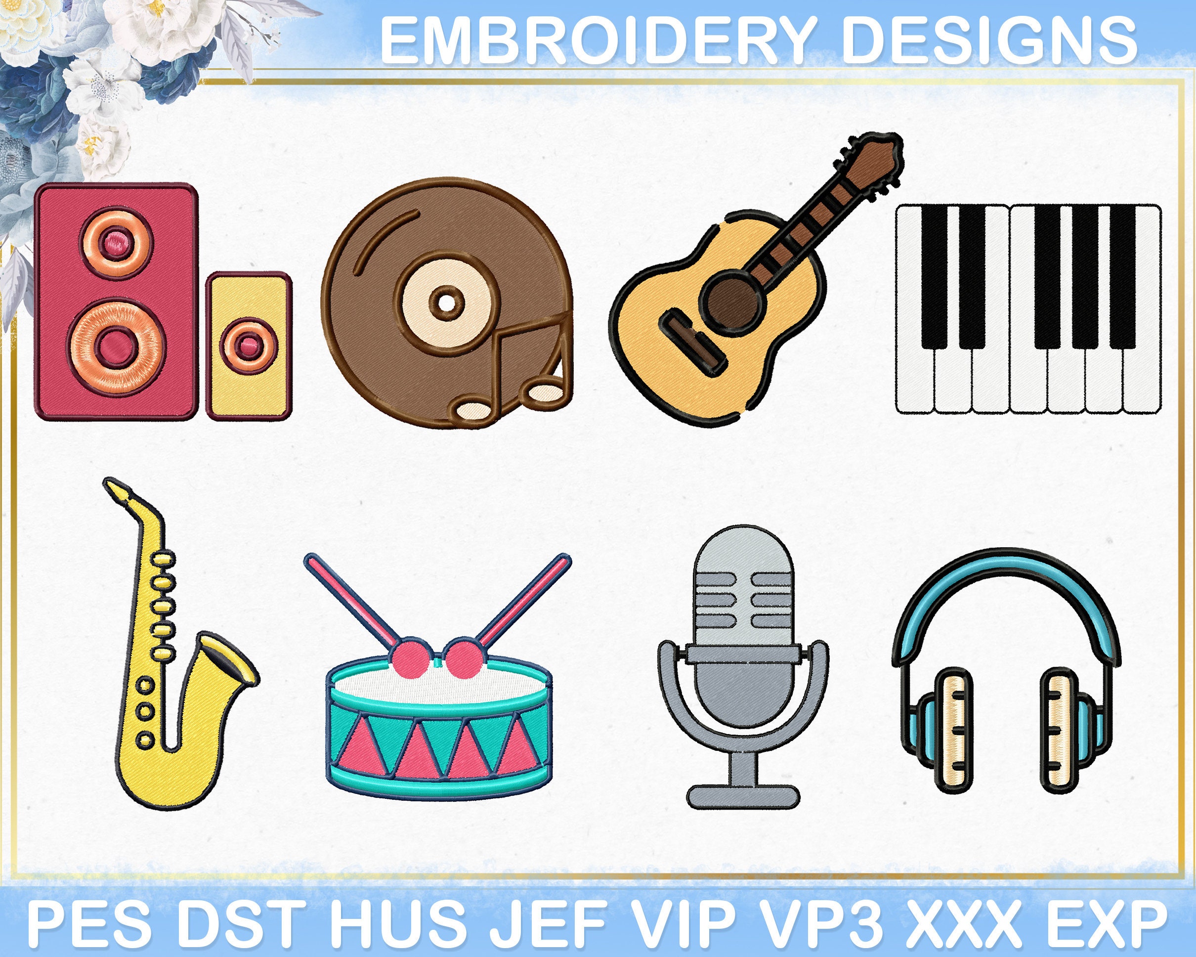 Music Instruments Machine Embroidery Design, Guitar Embroidery Design ...