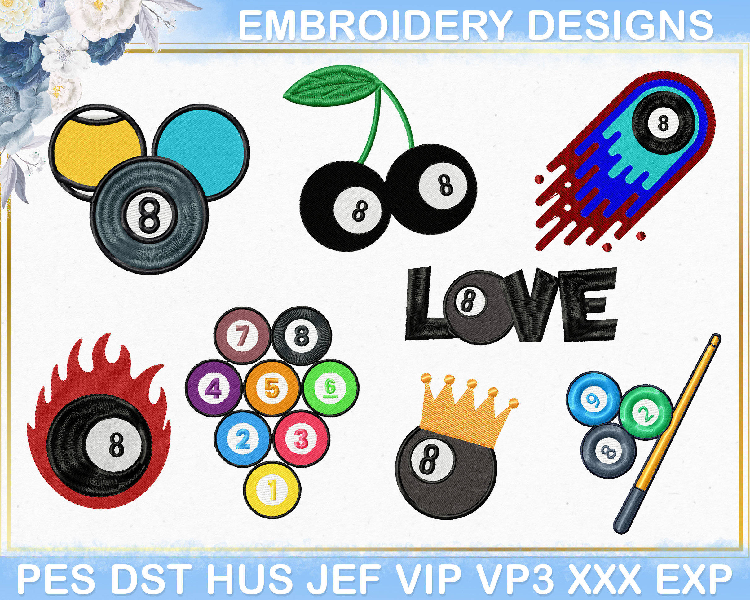 Billiard Embroidery Design, Billiard Ball Number 8 Embroidery File ...