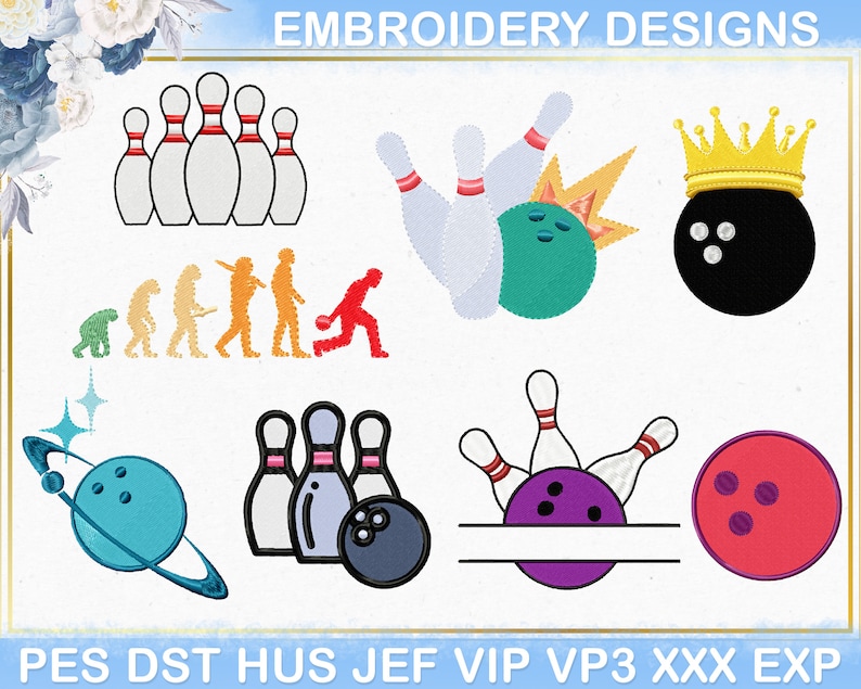 Bowling Embroidery Design, Pins Ball Embroidery File, Sport Embroidery ...