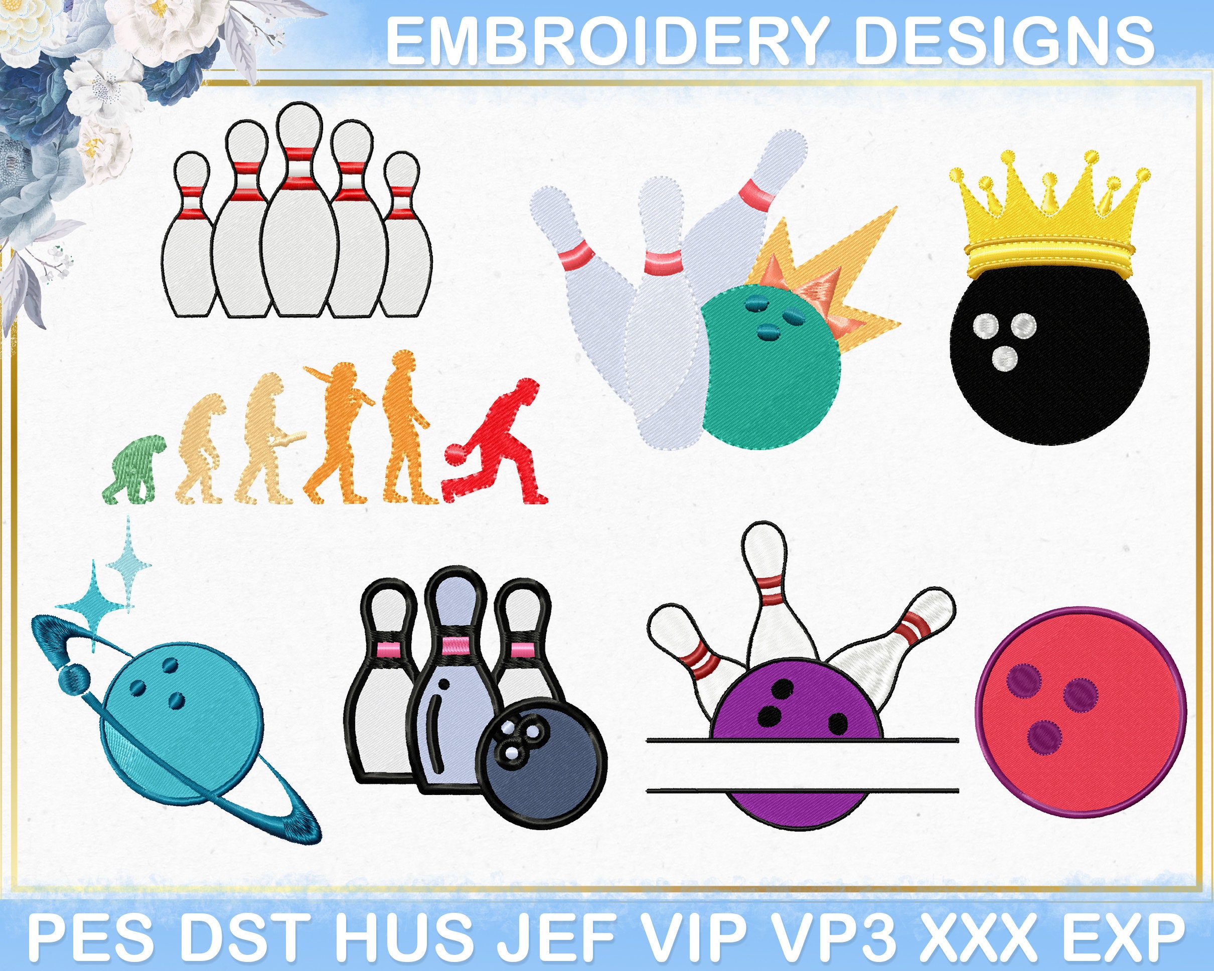 Bowling Embroidery Design, Pins Ball Embroidery File, Sport Embroidery ...