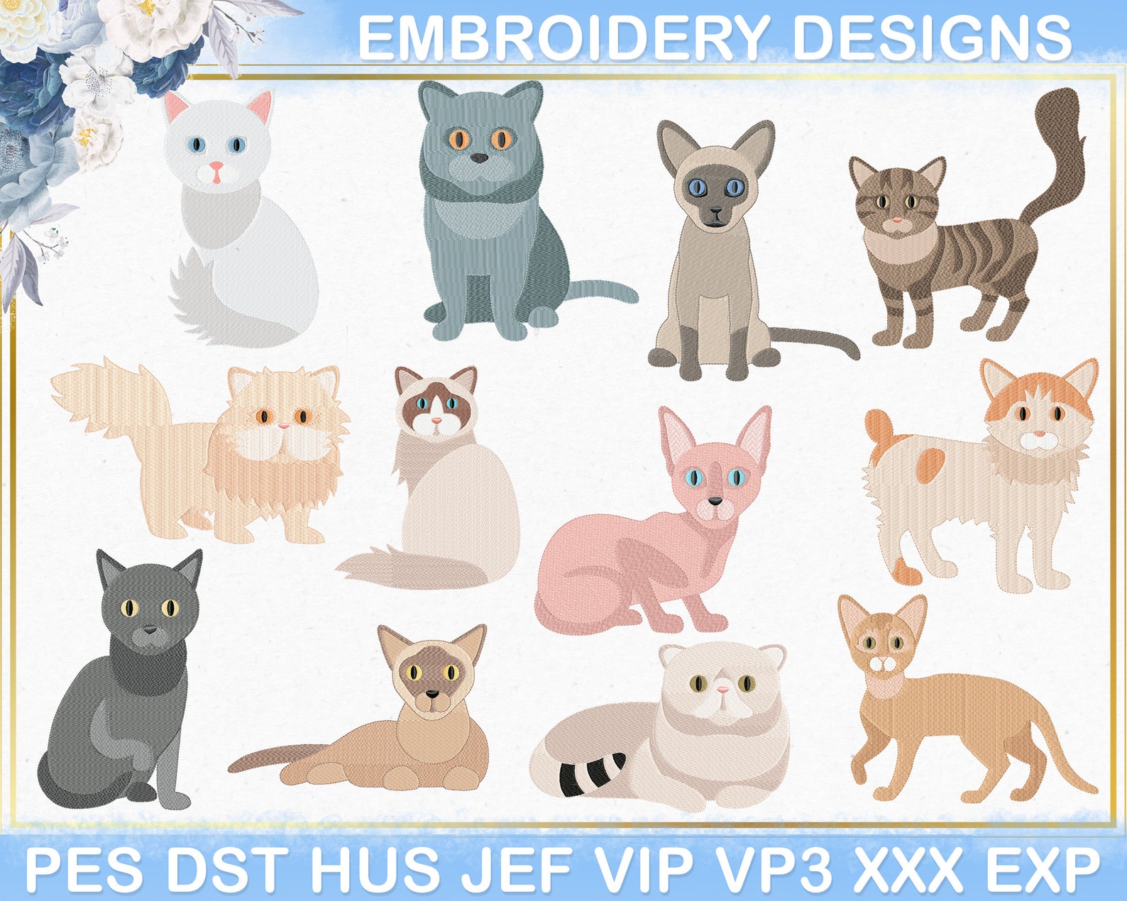 12 Cats Machine Embroidery Designs, Cat Embroidery File, Kitten Machine ...