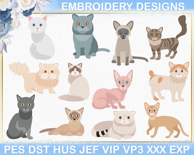 12 Cats Machine Embroidery Designs, Cat Embroidery File, Kitten Machine ...