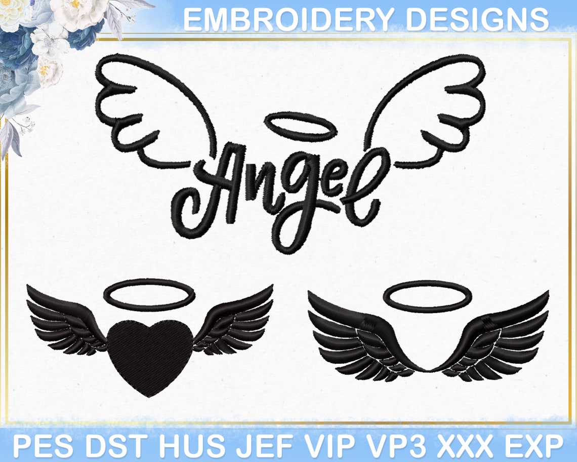 Angel Wings Embroidery Design, Angel Embroidery File, Heart With Halo ...