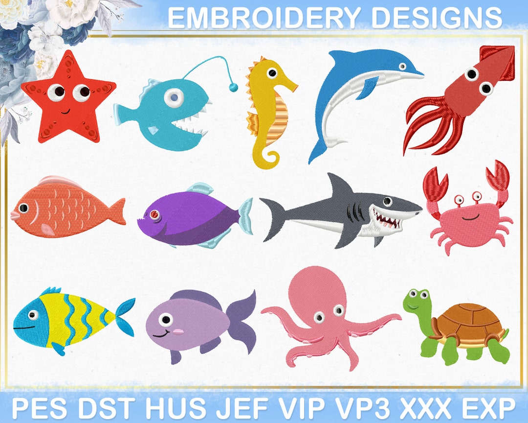 Sea Animals Embroidery Design, Ocean Animals Embroidery File, Beach Pes ...