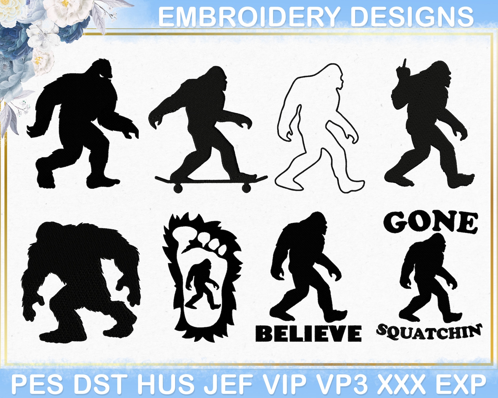 Bigfoot Machine Embroidery Design, Sasquatch Silhouette Embroidery Pes ...