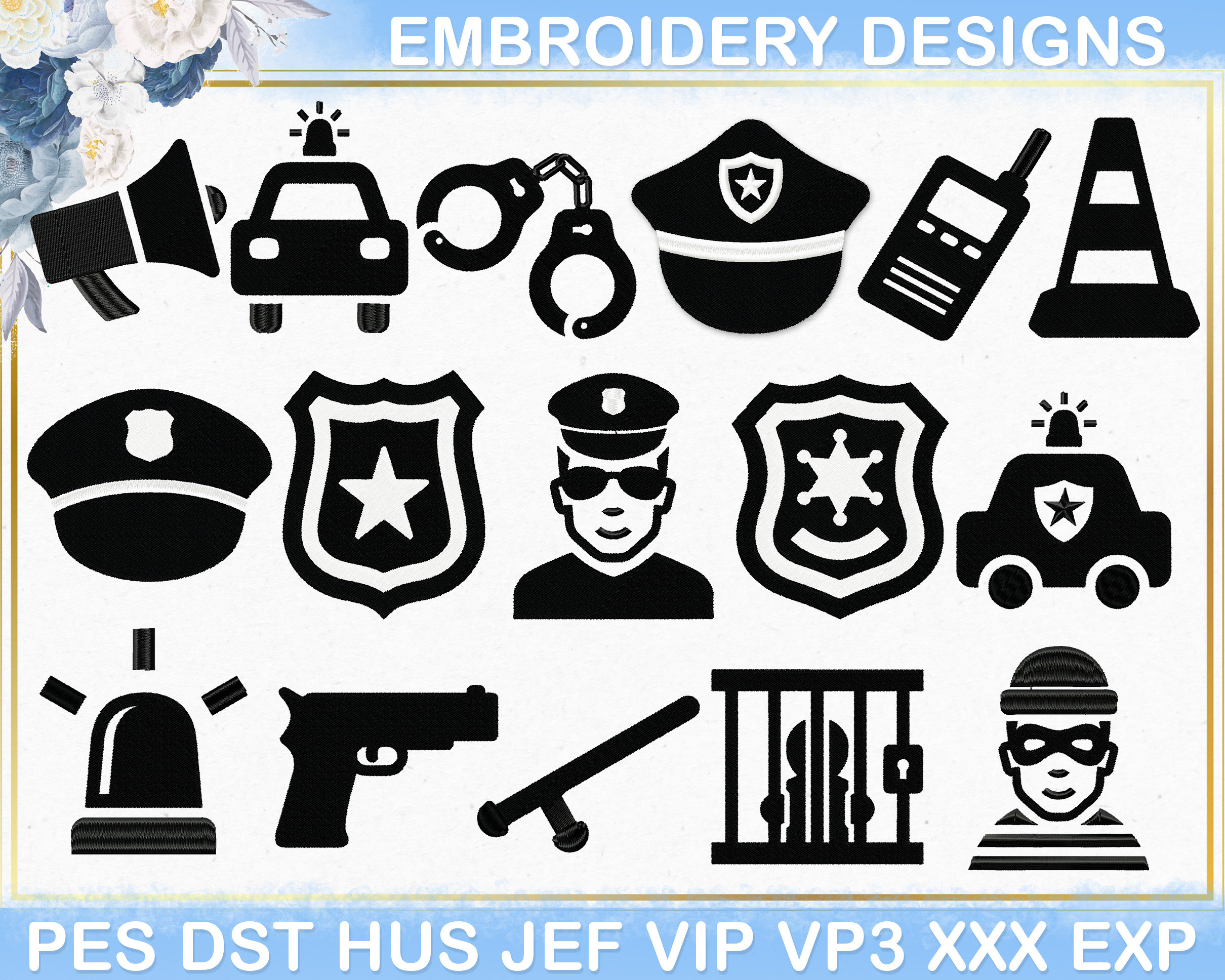Police Icons Machine Embroidery Design, Jail Embroidery Design, Police ...