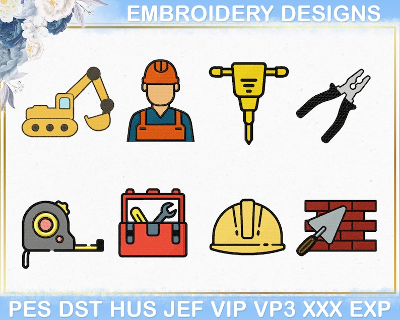 Construction Embroidery Design, Builder Embroidery File, Building Tools ...