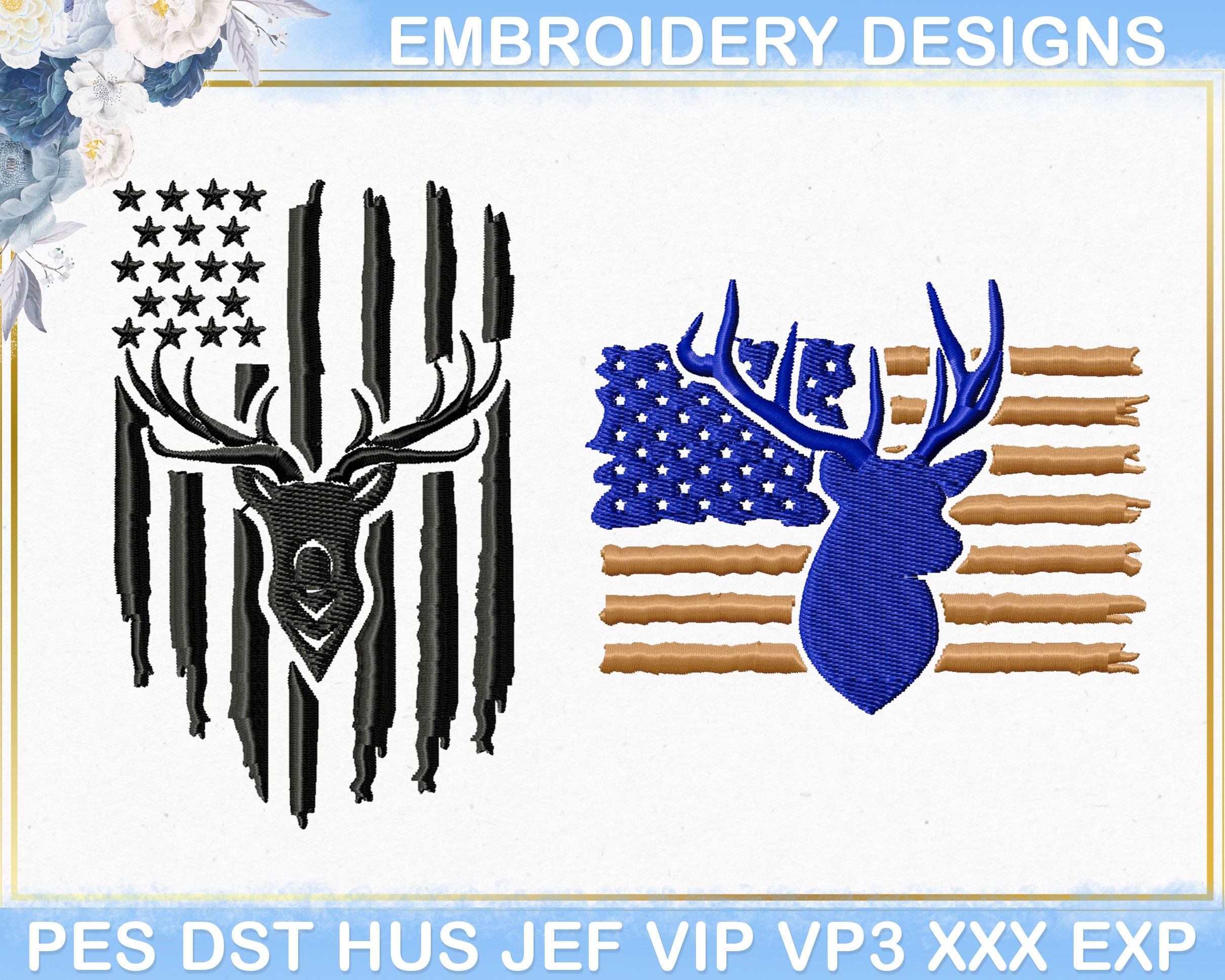 USA Deer Flag Machine Embroidery Design, Buck Flag Embroidery File ...