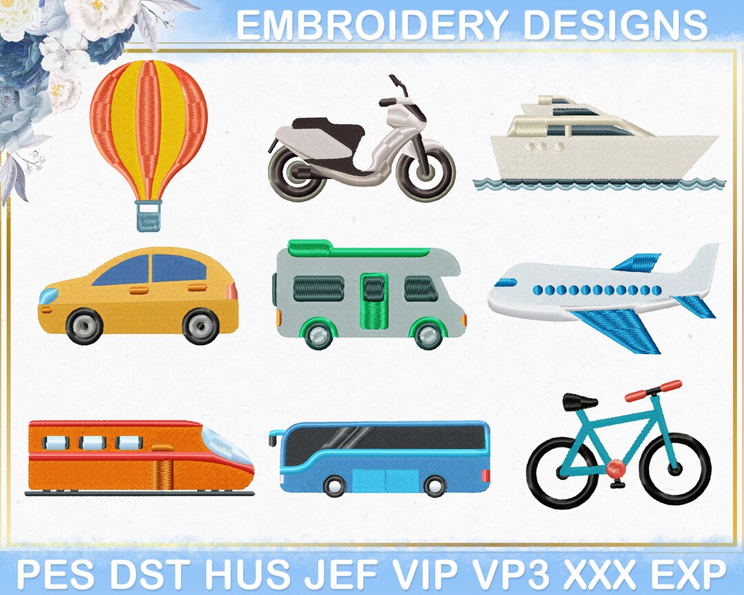 Transport Embroidery Designs, Vehicles Embroidery File, Train Plane Car ...