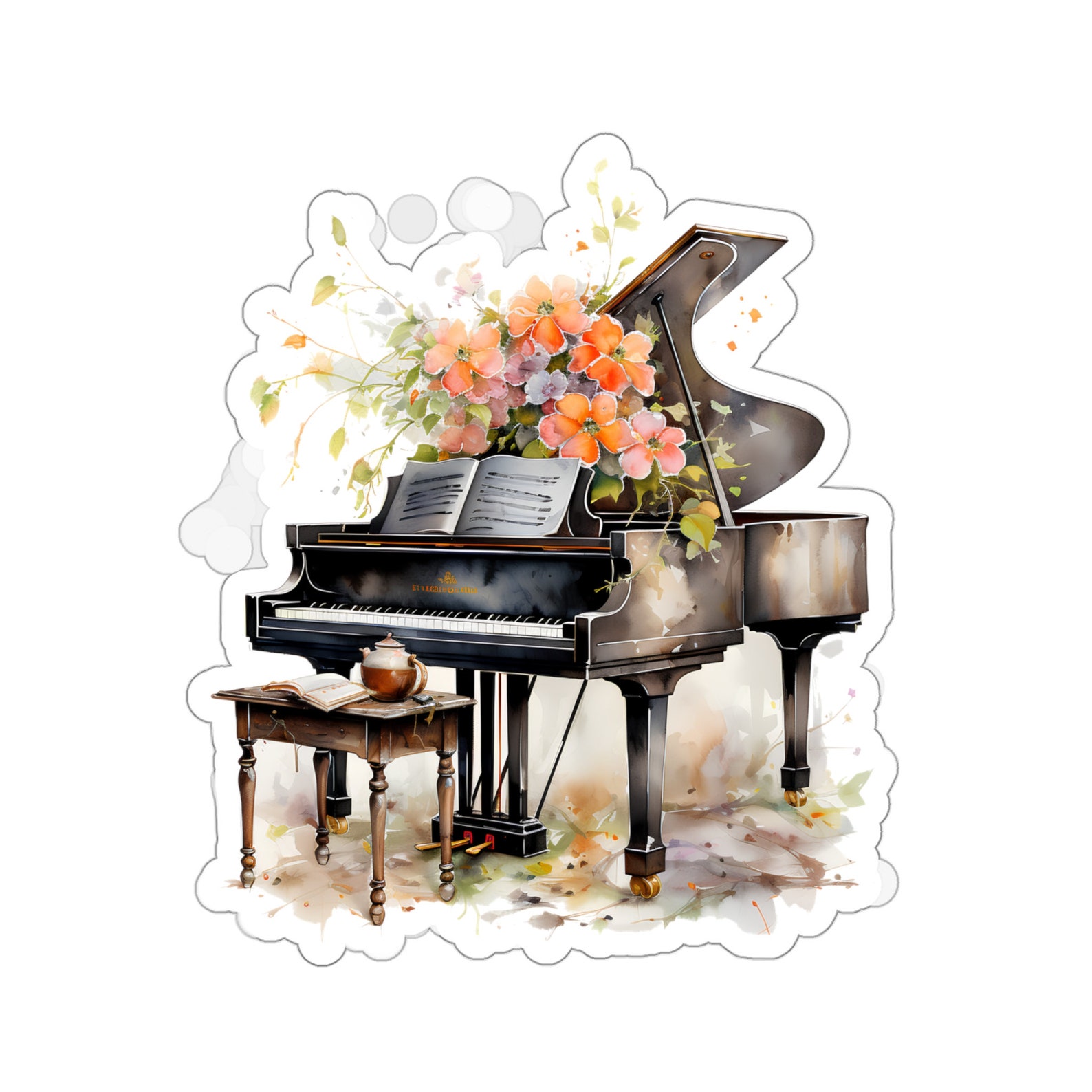 Grand Piano With Flowers Vinyl Sticker, Floral Piano Sticker, Piano ...