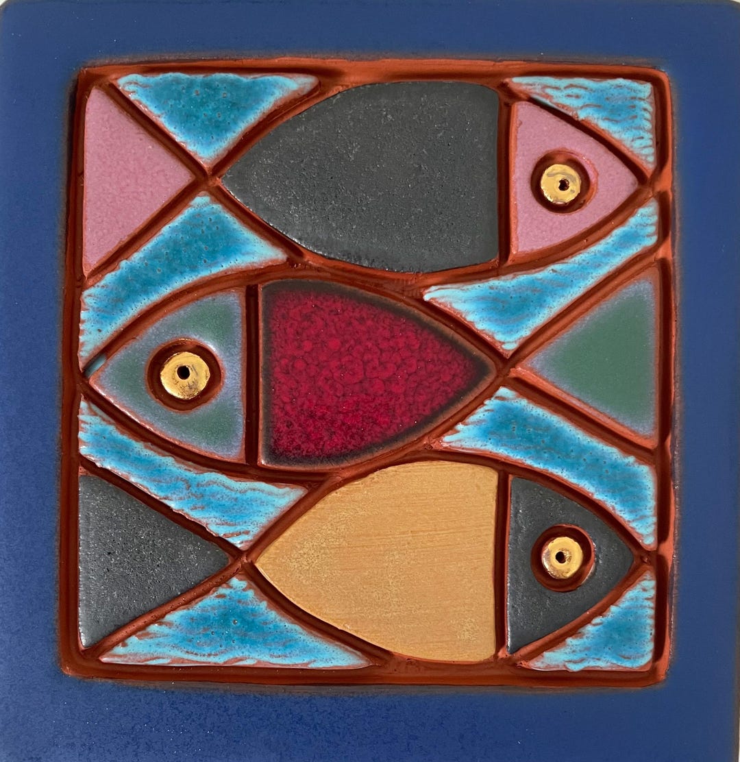 4.25” Square Colorful Handmade Ceramic Fish ART Tile - Glazed ...